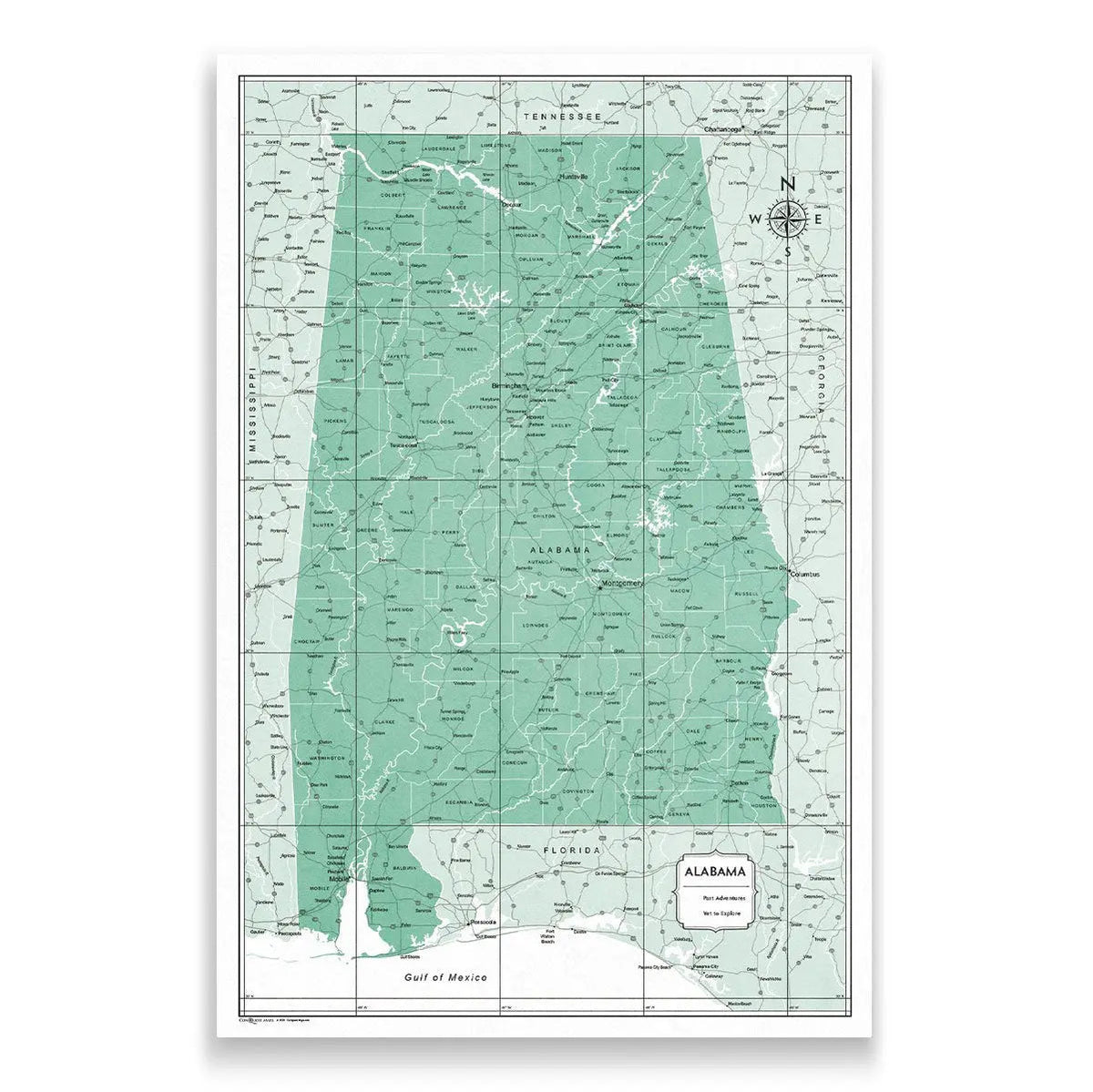 Alabama Map Poster - Green Color Splash - Conquest Maps LLC