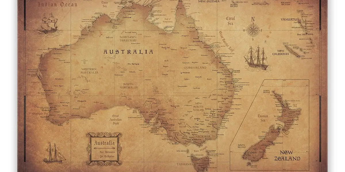 Push Pin Australia Map (Pin Board) - Golden Aged - Conquest Maps LLC