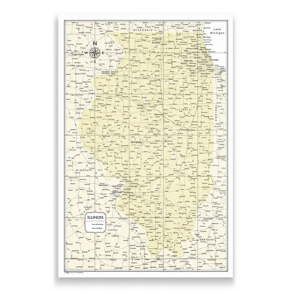 Push Pin Illinois Map (Pin Board) - Yellow Color Splash - Conquest Maps LLC