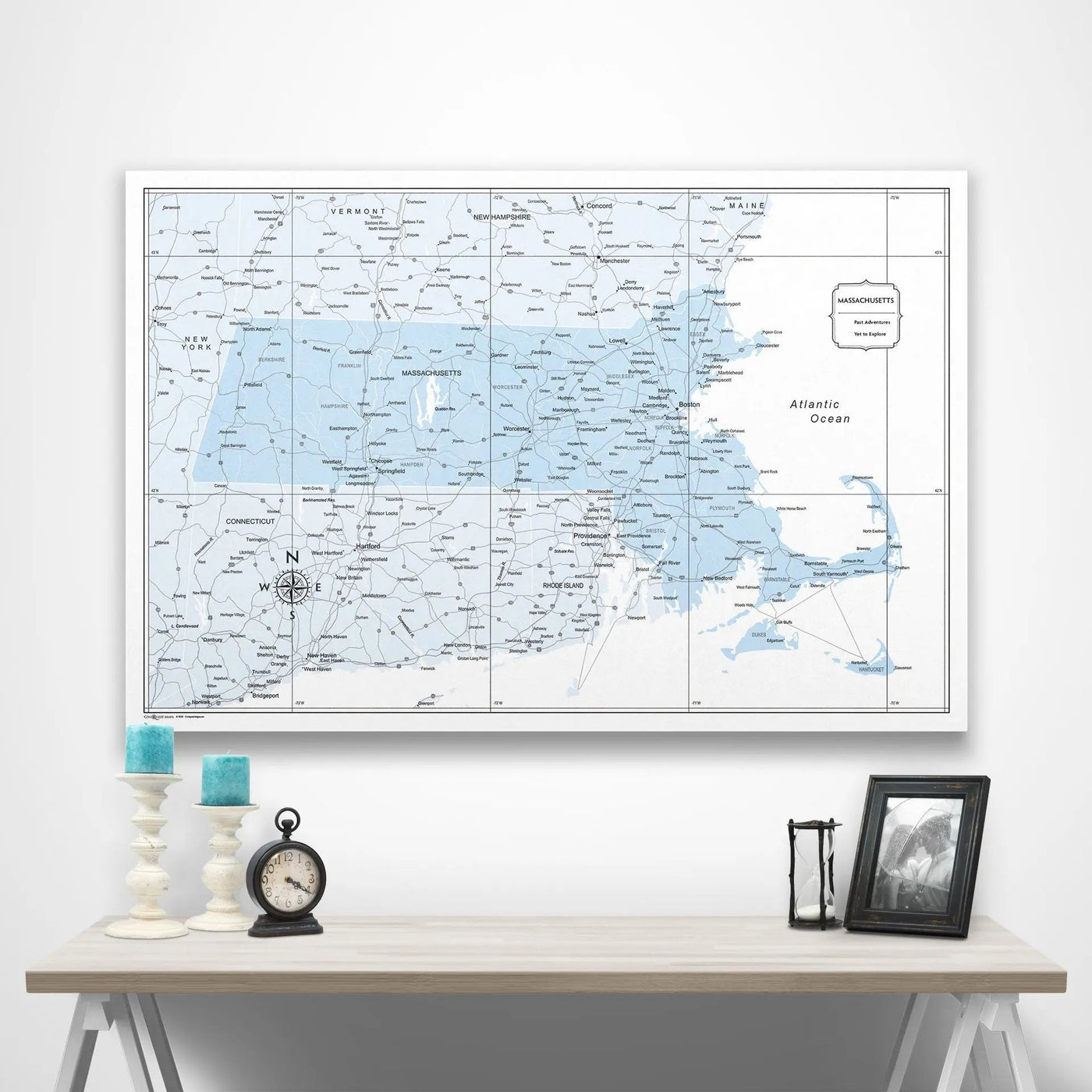 Massachusetts Map Poster - Light Blue Color Splash - Conquest Maps LLC