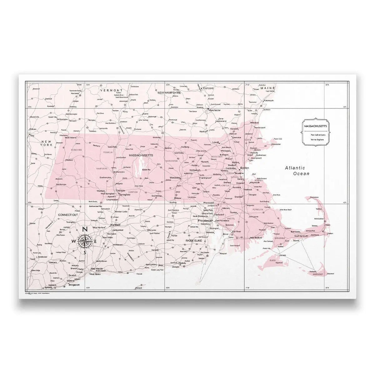 Massachusetts Map Poster - Pink Color Splash - Conquest Maps LLC
