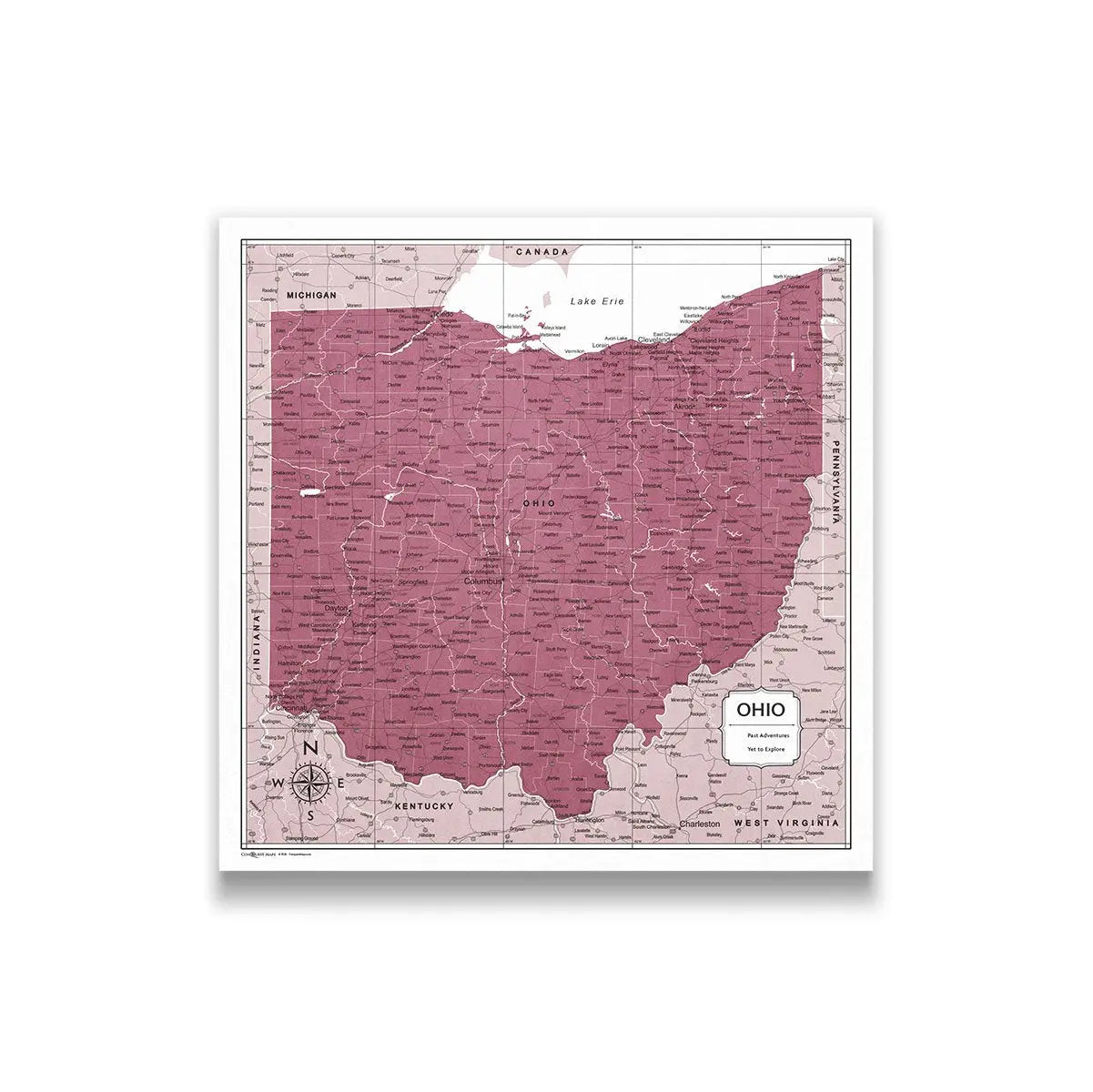 Push Pin Ohio Map (Pin Board) - Burgundy Color Splash - Conquest Maps LLC