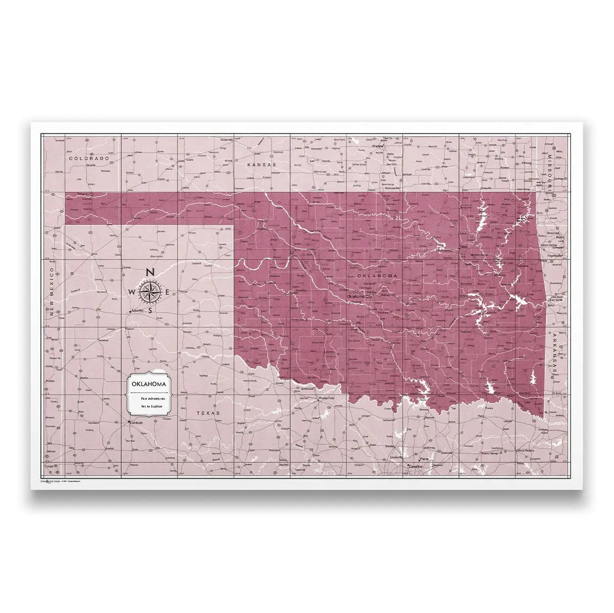 Oklahoma Map Poster - Burgundy Color Splash - Conquest Maps LLC