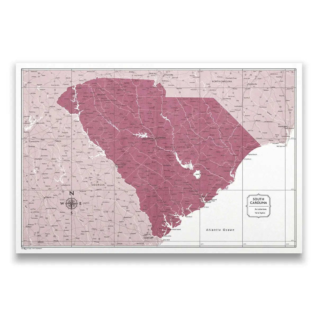 South Carolina Map Poster - Burgundy Color Splash - Conquest Maps LLC