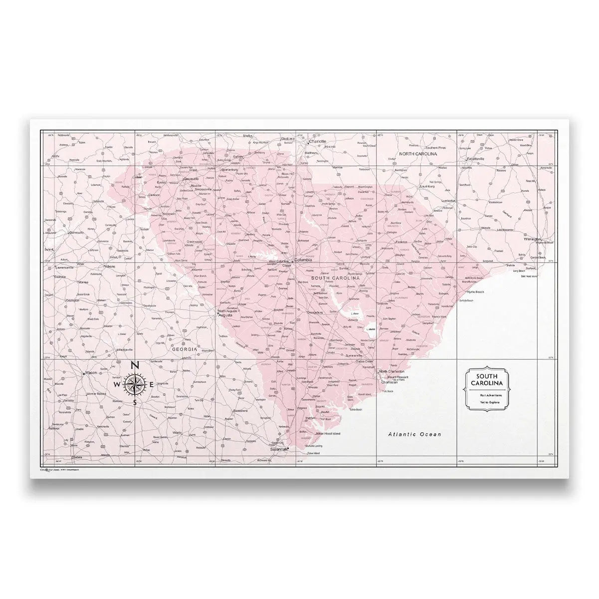 South Carolina Map Poster - Pink Color Splash - Conquest Maps LLC