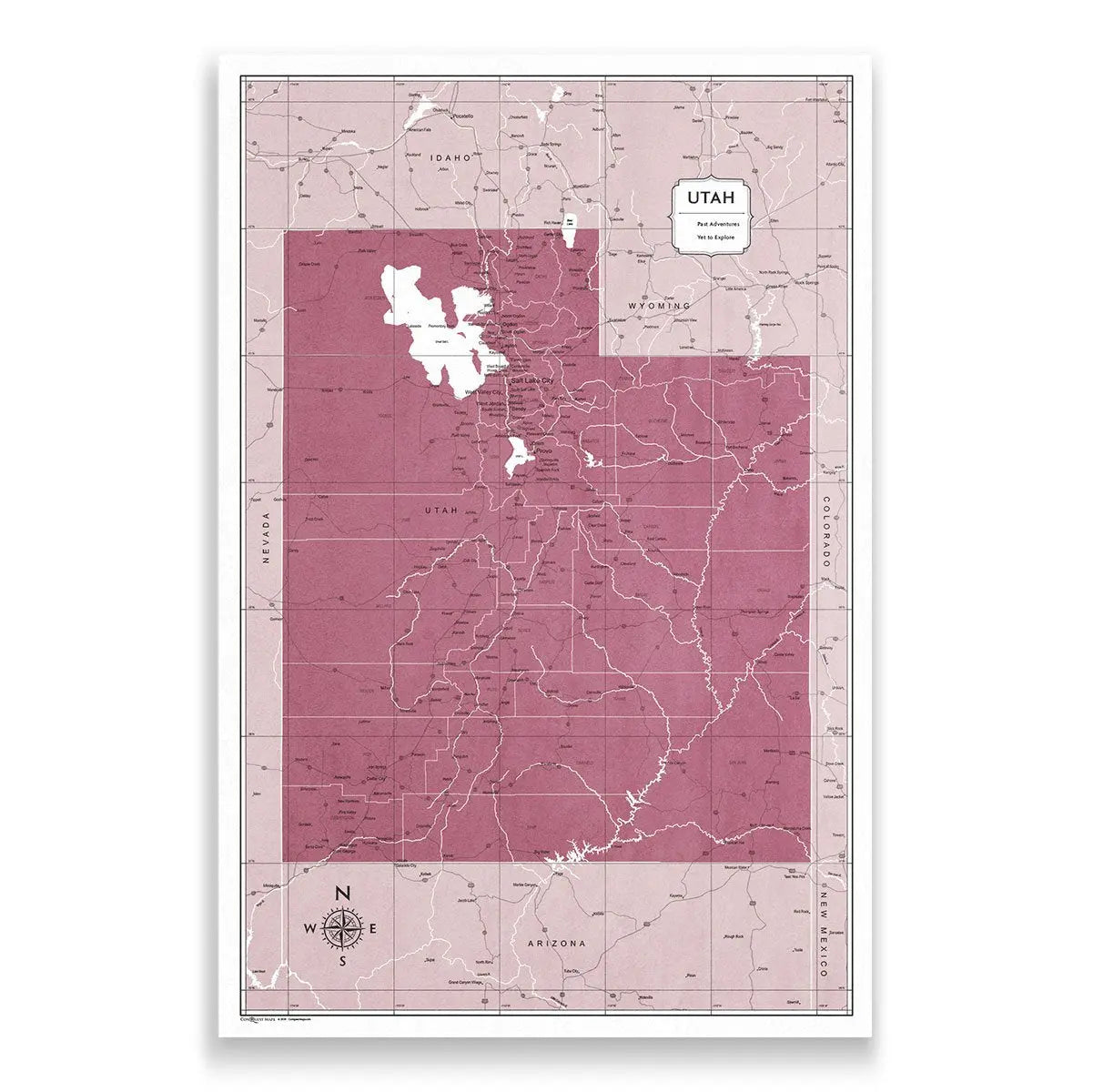 Push Pin Utah Map (Pin Board) - Burgundy Color Splash - Conquest Maps LLC