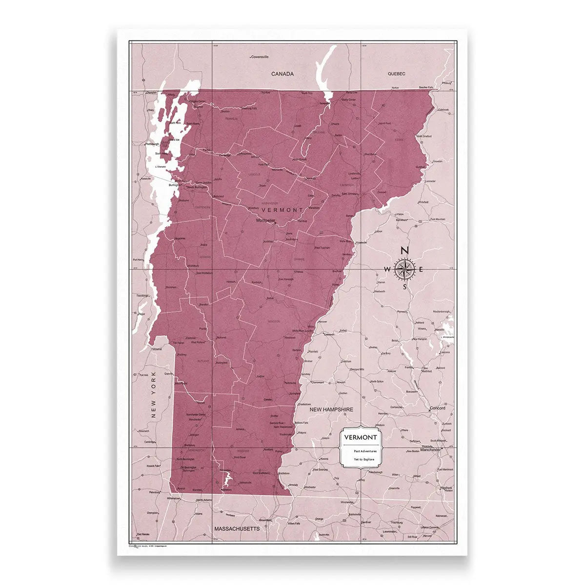 Push Pin Vermont Map (Pin Board) - Burgundy Color Splash - Conquest ...