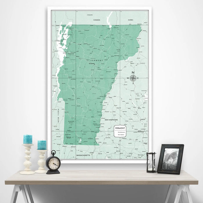 Push Pin Vermont Map (Pin Board/Poster) - Green Color Splash ...