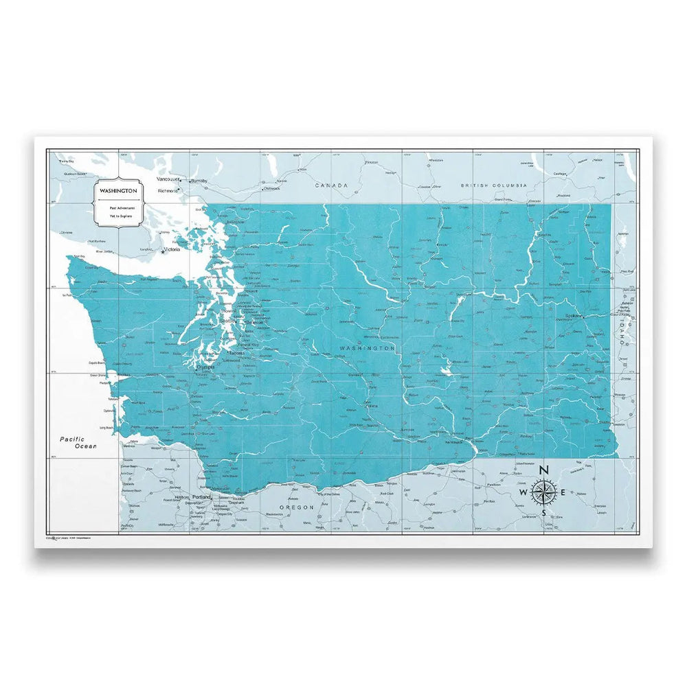 Push Pin Washington Map (Pin Board) - Teal Color Splash - Conquest Maps LLC