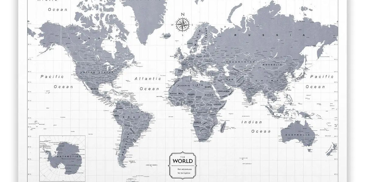 World Travel Map Pin Board with Push Pins: Dark Gray Color Splash