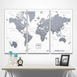 World Travel Map Pin Board with Push Pins: Dark Gray Color Splash