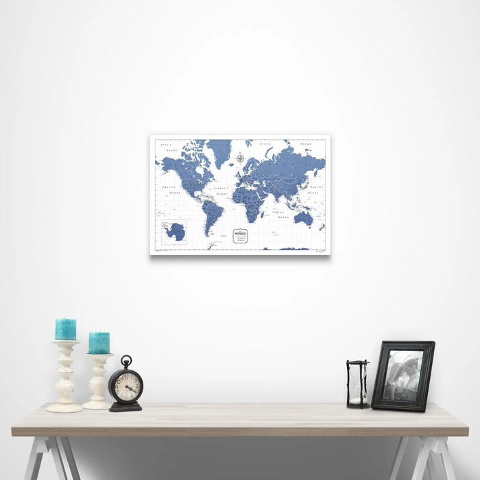 World Travel Map Pin Board with Push Pins: Navy Color Splash