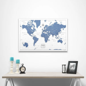 World Travel Map Pin Board with Push Pins: Navy Color Splash