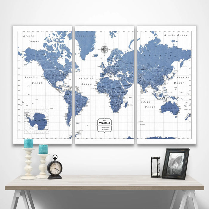 World Travel Map Pin Board with Push Pins: Navy Color Splash
