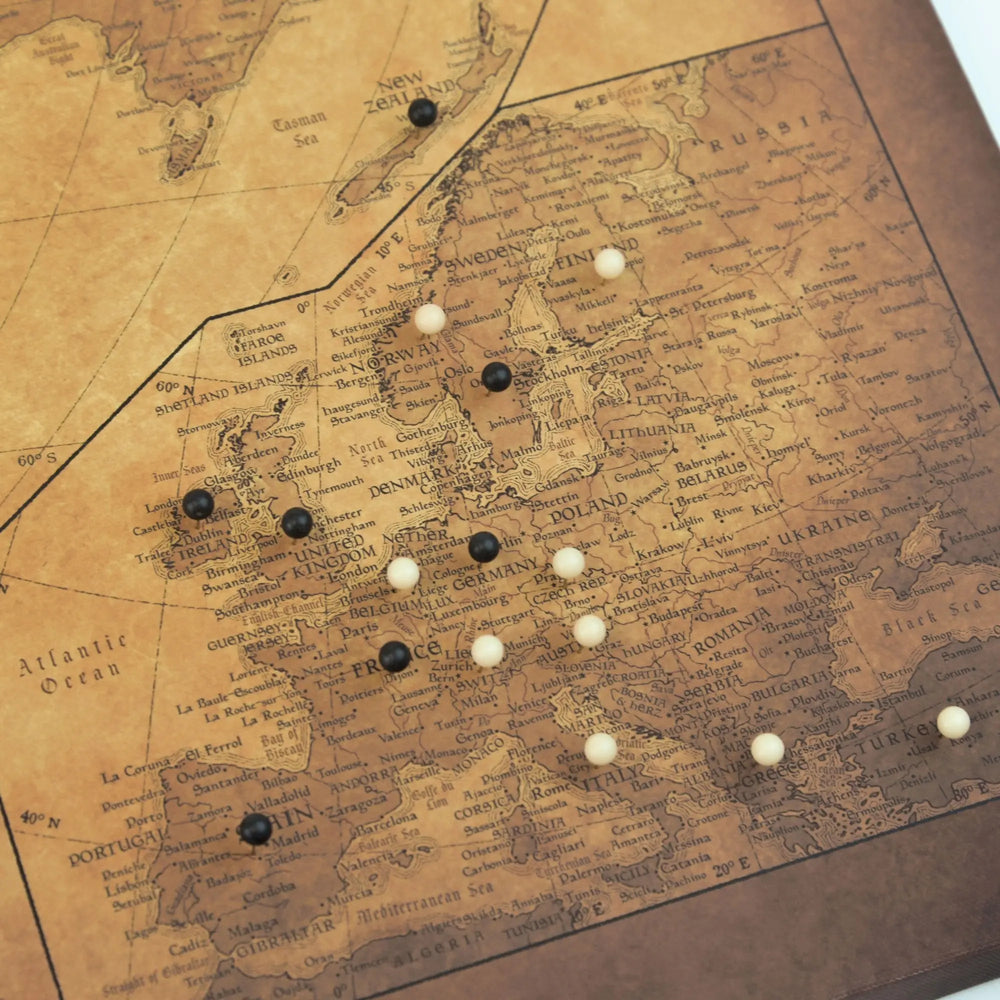 World Travel Map Pin Board with Push Pins: Golden Aged