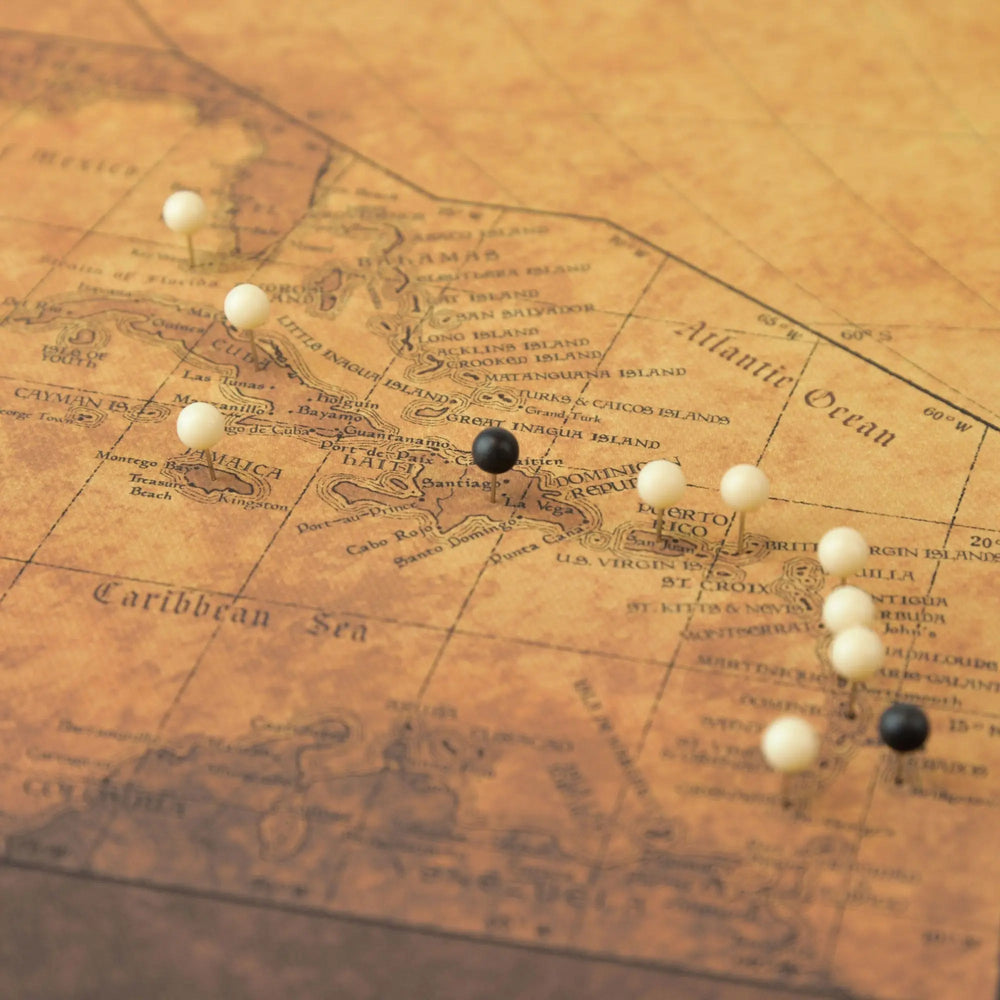 World Travel Map Pin Board with Push Pins: Golden Aged