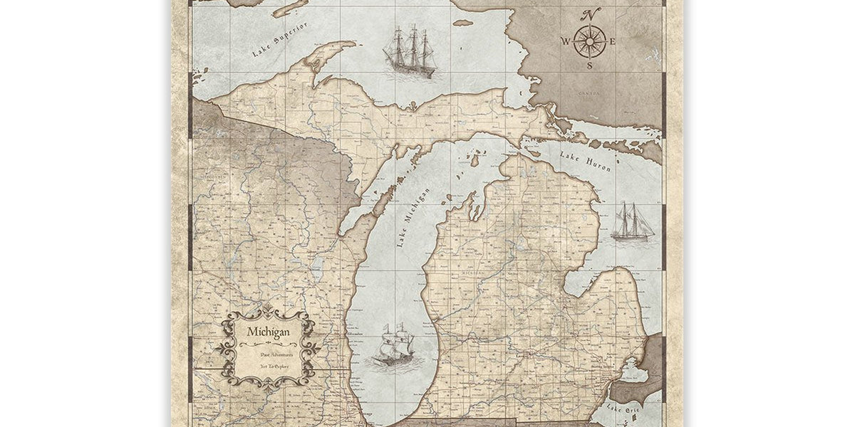 Push Pin Michigan Map (Pin Board) - Rustic Vintage - Conquest Maps LLC