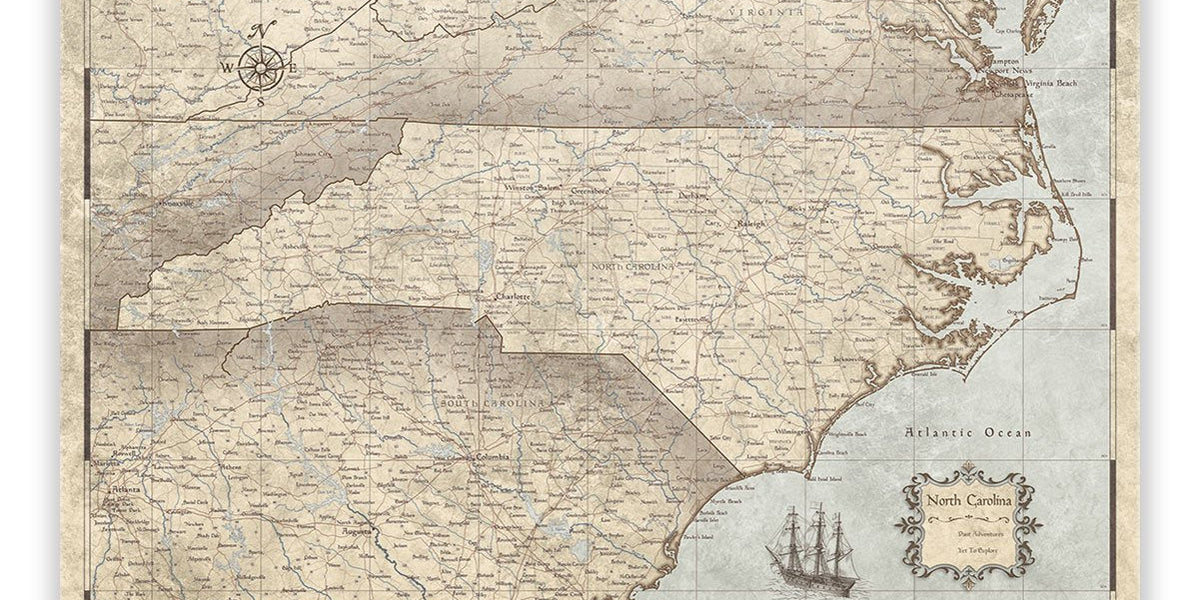 Rustic Vintage North Carolina Travel Map - Push Pins Included ...