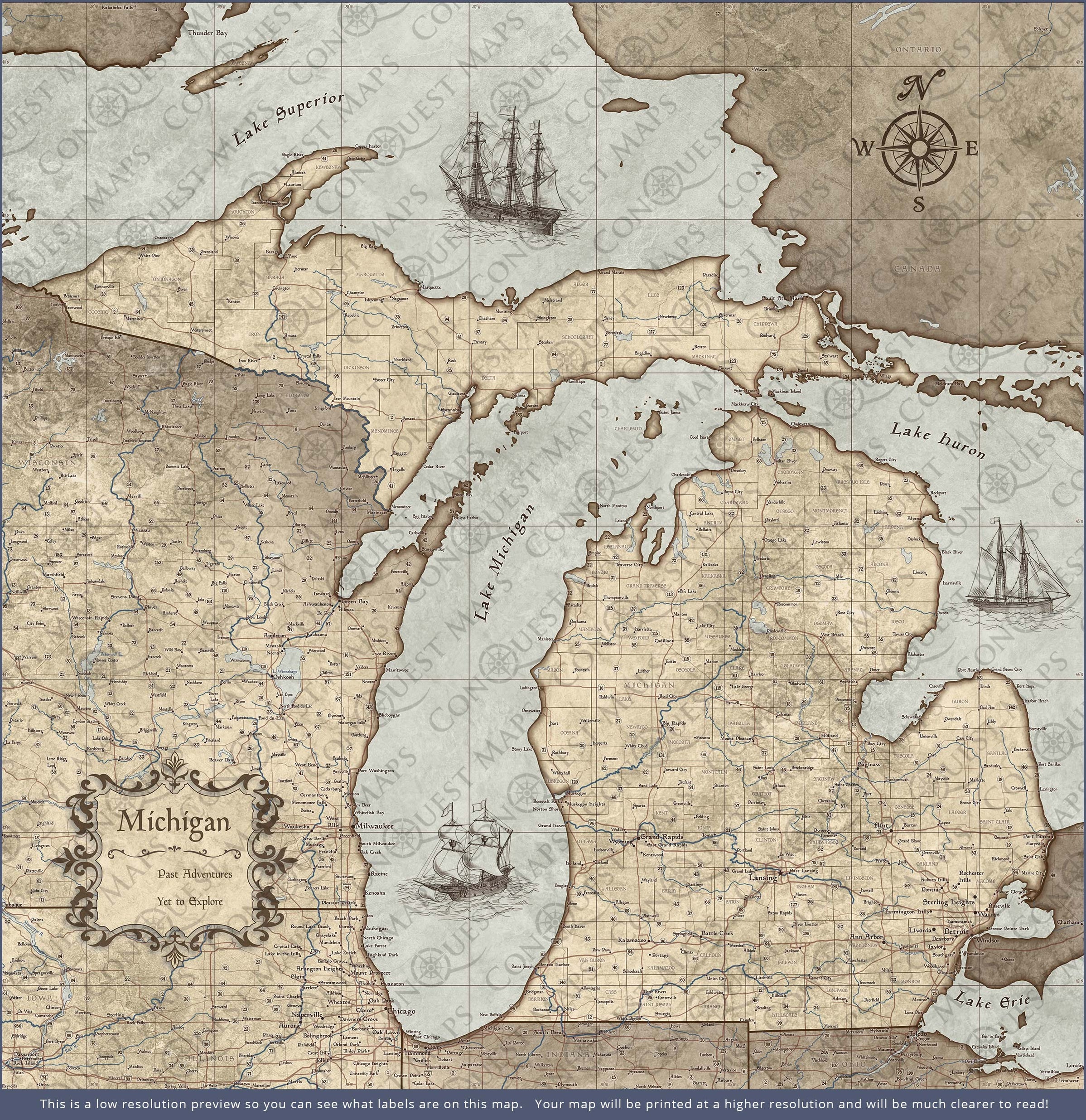 Push Pin Michigan Map (Pin Board) - Rustic Vintage - Conquest Maps LLC