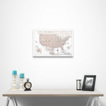 USA Travel Map Pin Board with Push Pins: Light Brown Color Splash