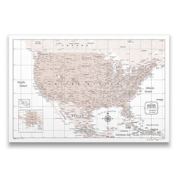 USA Travel Map Pin Board with Push Pins: Light Brown Color Splash