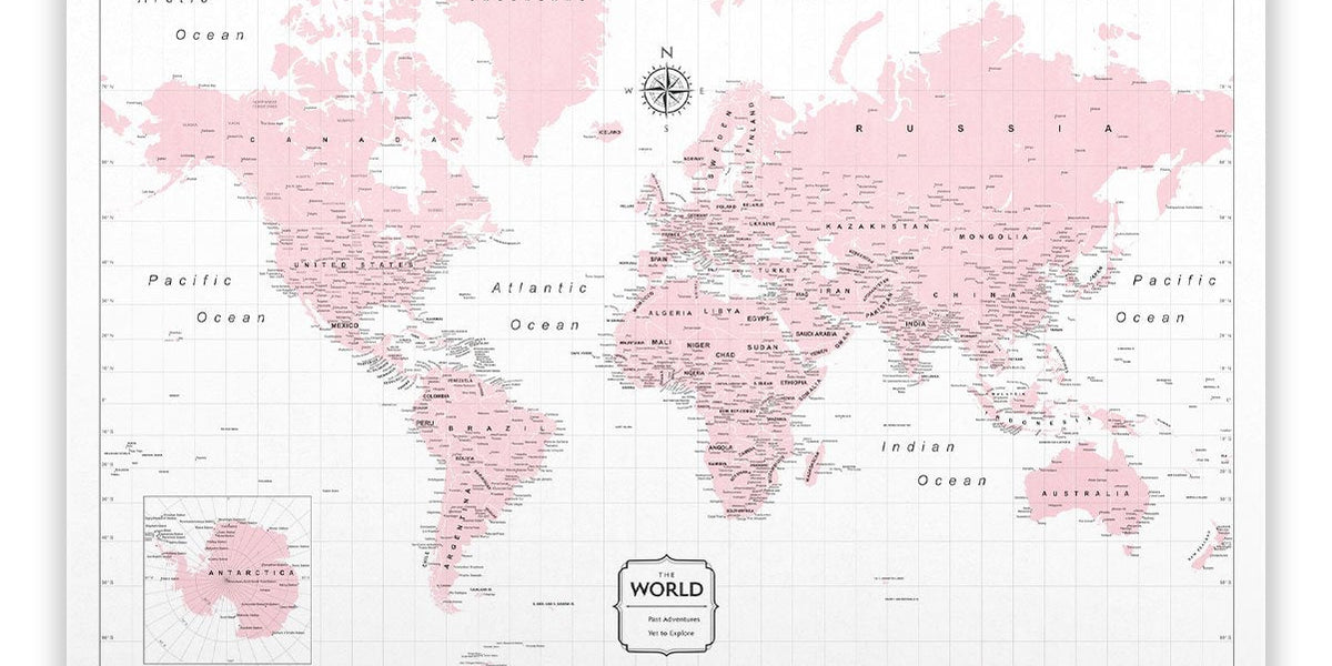 World Travel Map Pin Board with Push Pins: Pink Color Splash